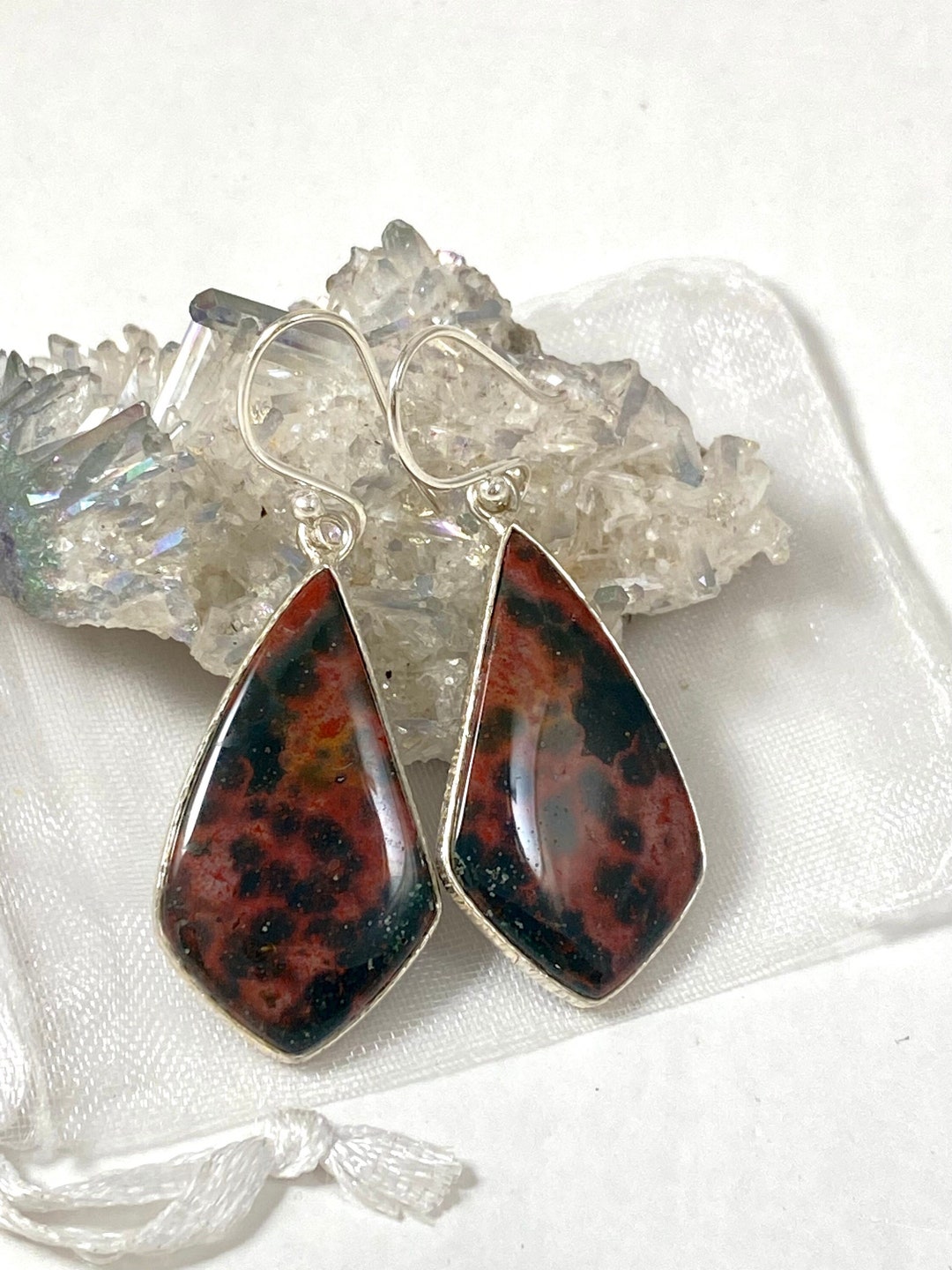 Rare Bloodstone .925 Earrings W/ Lemurian Seed Quartz Crystal, Infused ...
