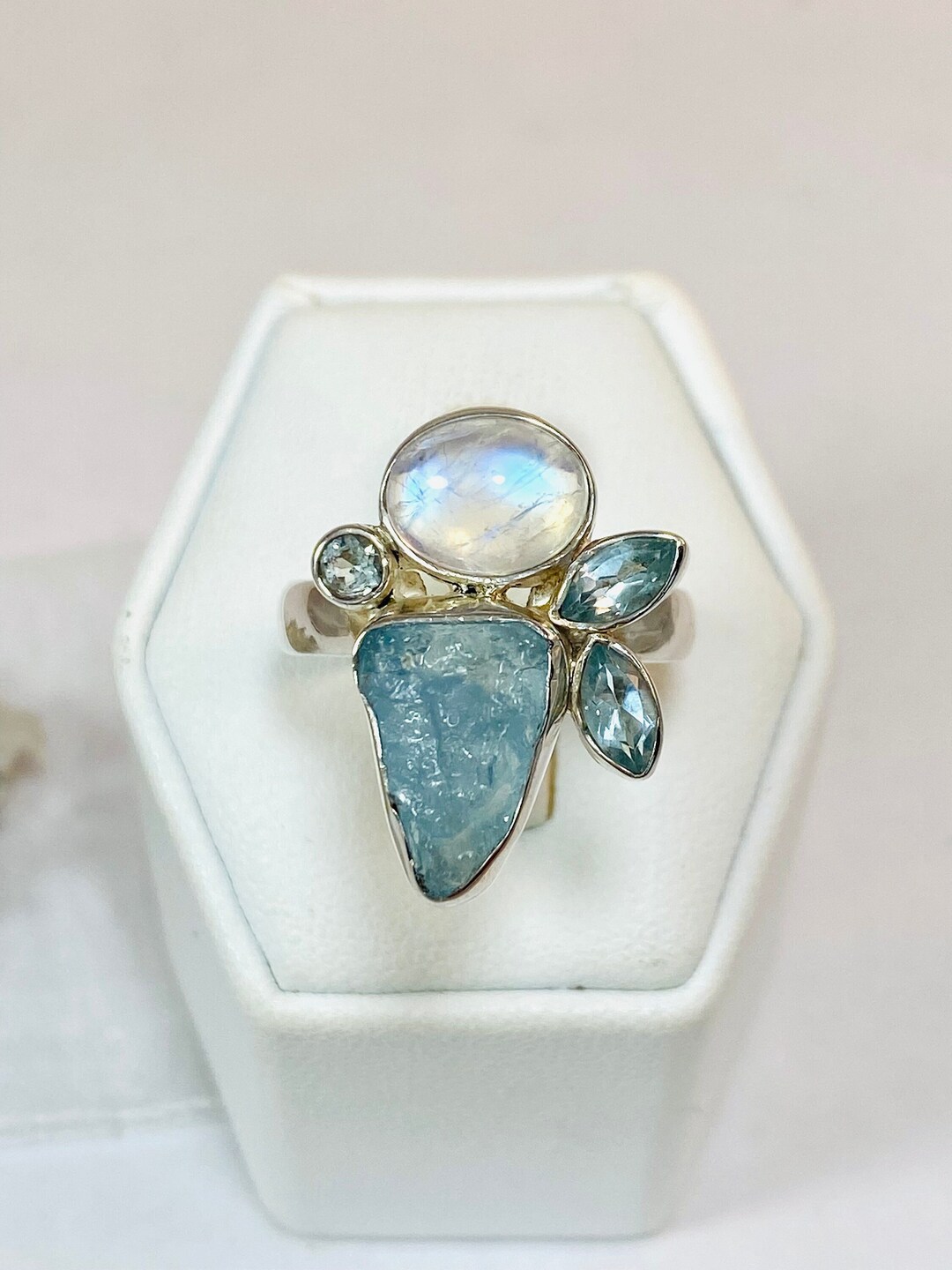 Angelic!! Aquamarine Brazil Moonstone Blue Topaz Ring Sz 8 Sterling ...