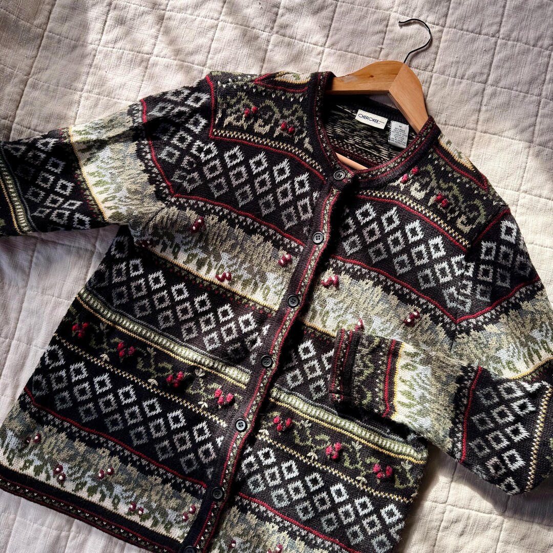 Vintage 90s Cherokee Fair Isle Holiday Button Down Cardigan Sweater ...