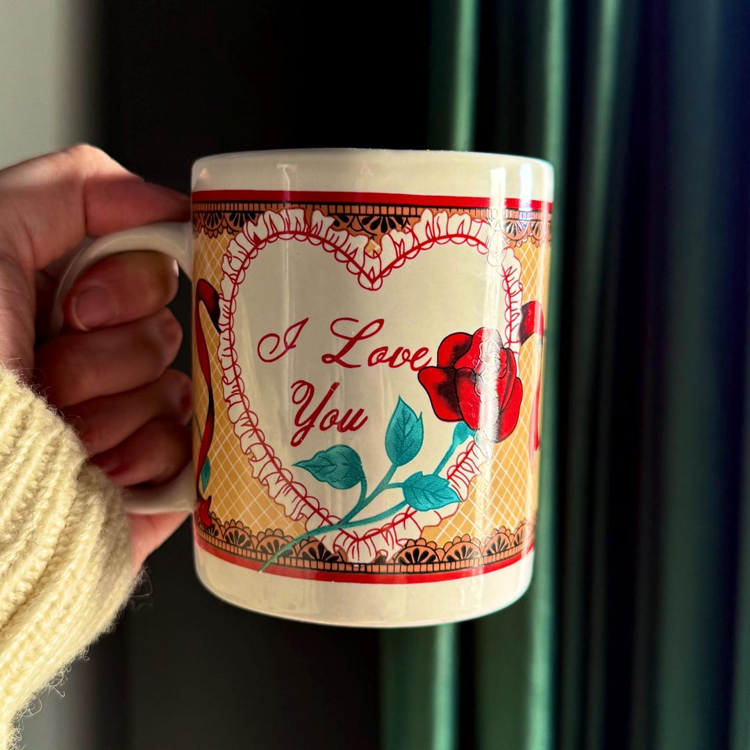 Vintage I Love You Heart Red Rose Ribbon Valentine Coffee Ceramic 12 Oz ...