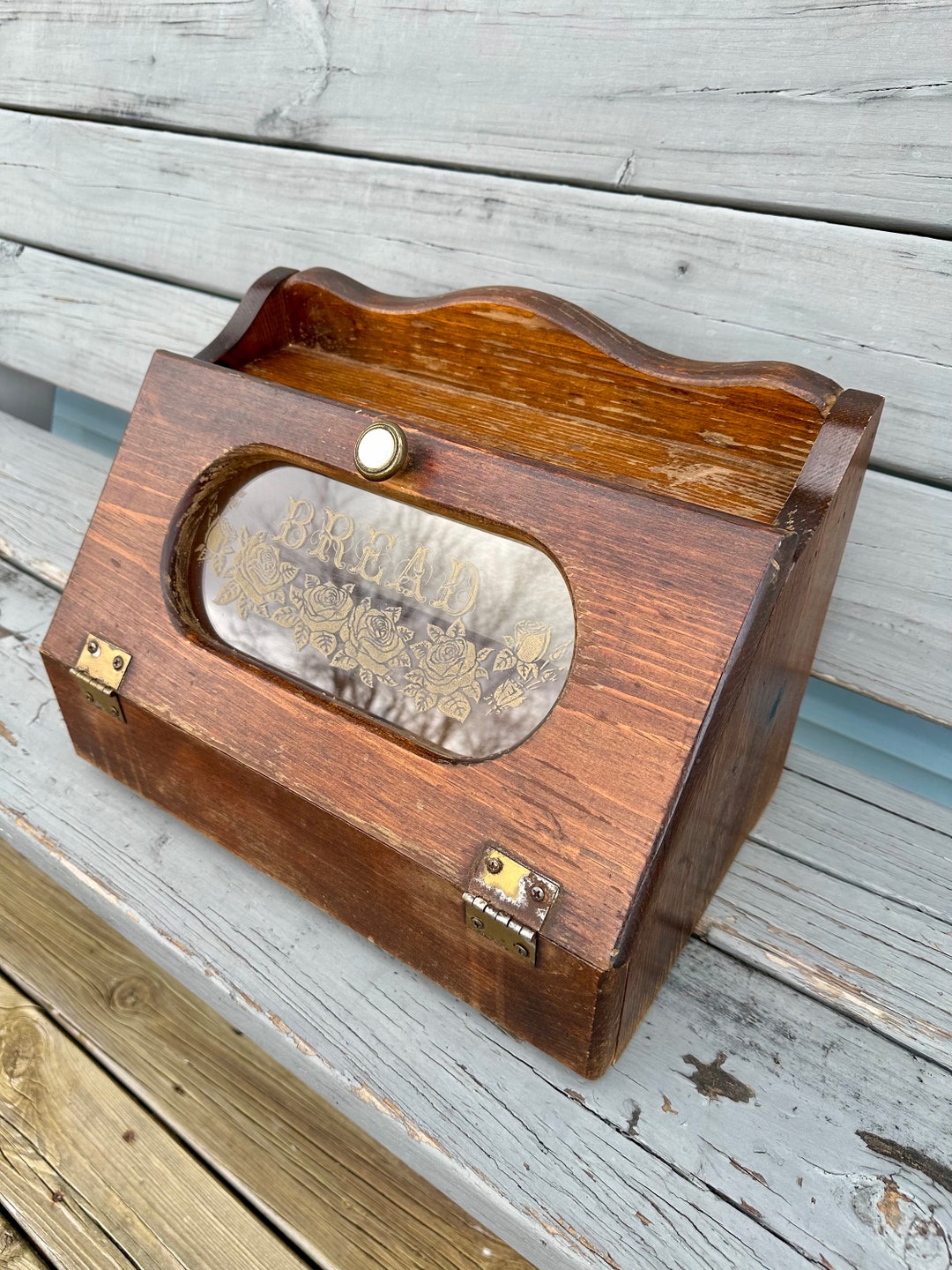 Vintage Wood Bread Box Keeper Stenciled Yellow Roses Glass Front ...