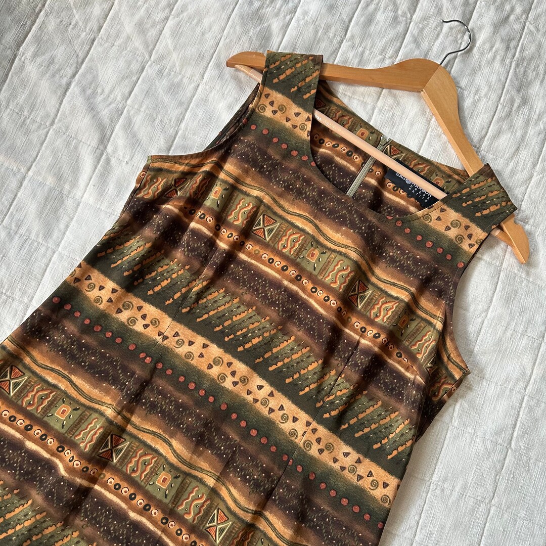Vintage Sag Harbor Tribal-inspired Aztec Sleeveless Dress Earthy Tones ...