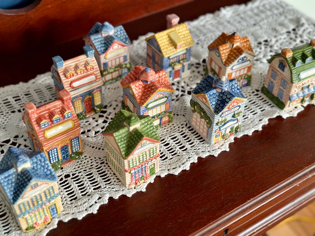 Vtg 90s AVON Set of 10 Victorian House Ceramic Spice Jars Unused W ...