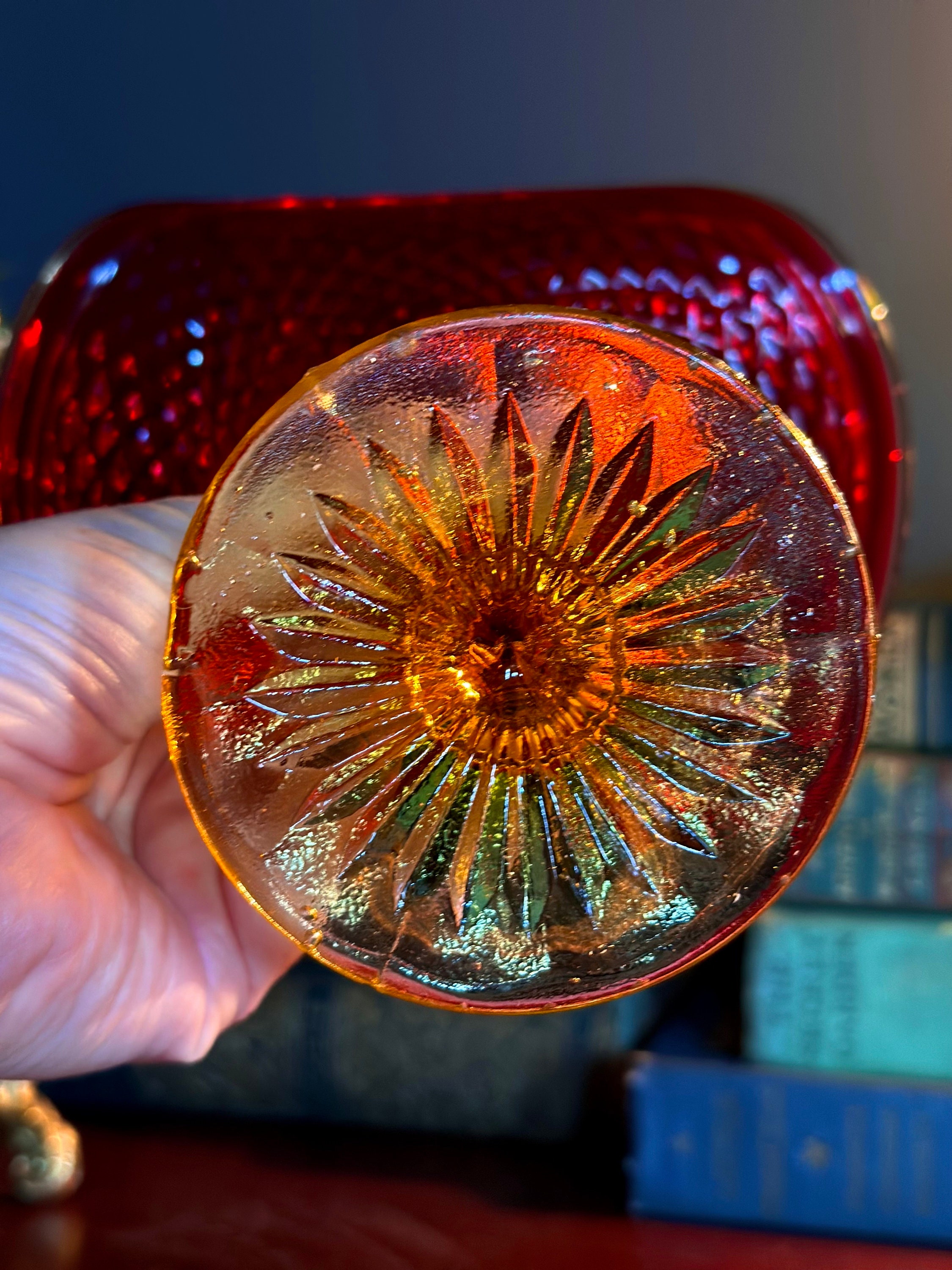 Vintage Amberina Pressed Glass Diamond Point Cross Hatch Knob Stem ...