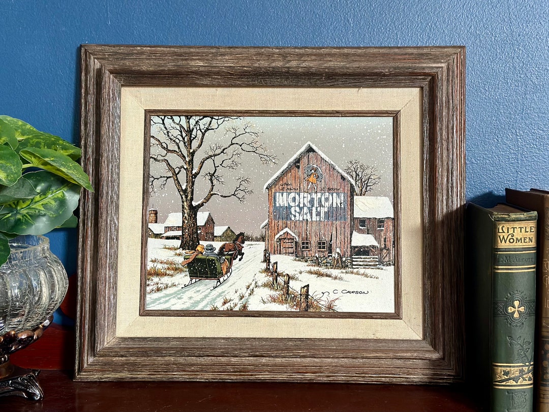 Vintage 1980’s Morton Salt Barn Winter Scene C. Carson Silk Serigraph ...