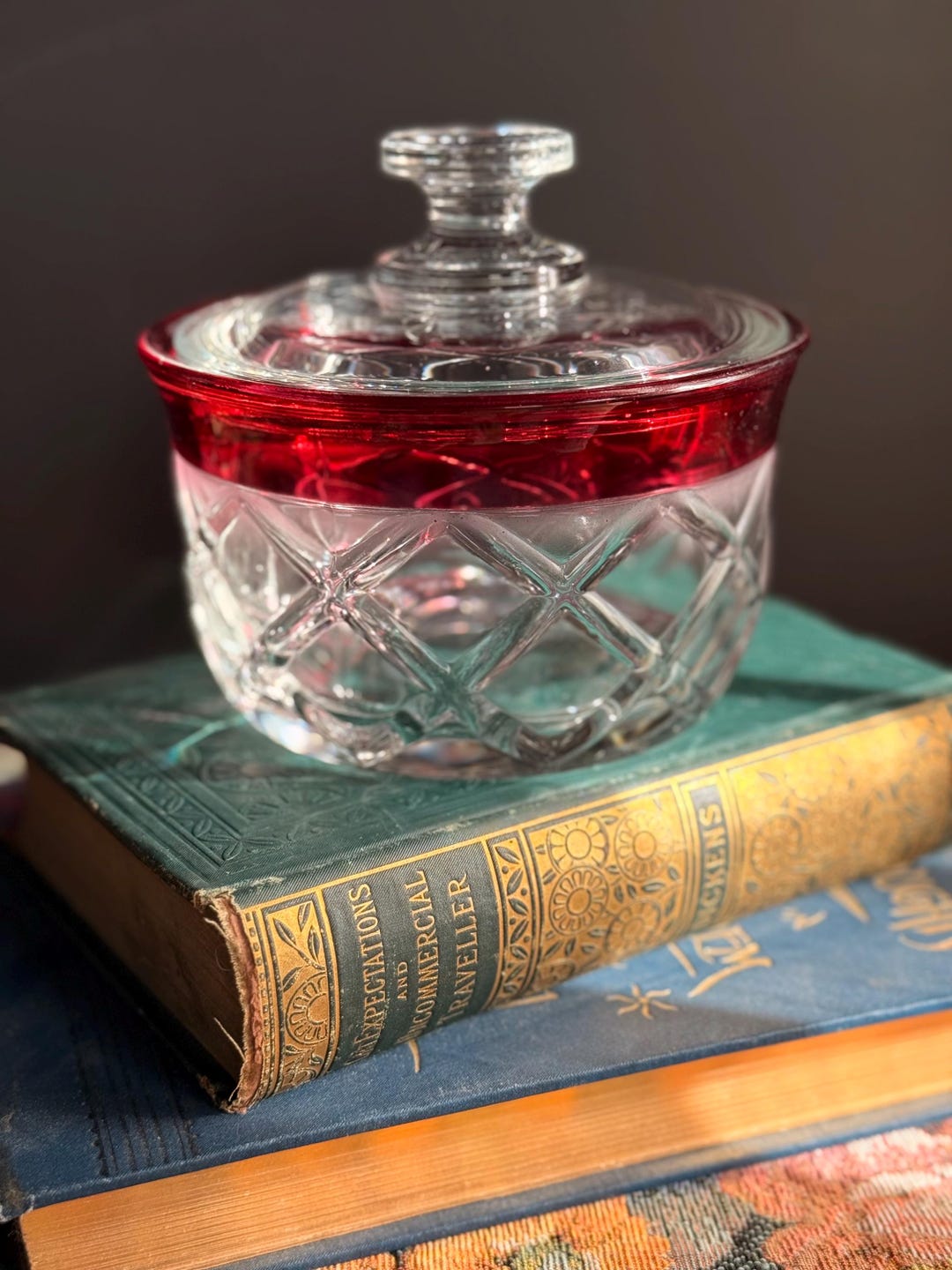 Vintage Ruby Flash Glass Candy Dish W/ Lid | Diamond Point Pressed Glass | Lidded Trinket Jar ...