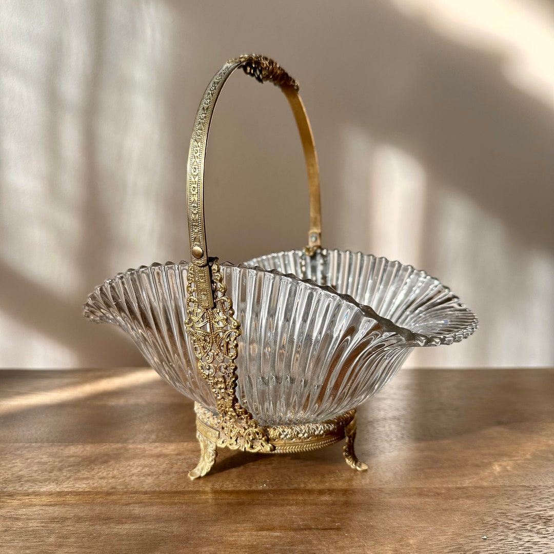 Vintage Filigree Footed Glass Basket - Etsy