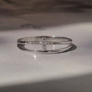 Customizable Women Solid 14K White Gold CZ Pave Double Band Sideway Cross Ring / Free Gift ...