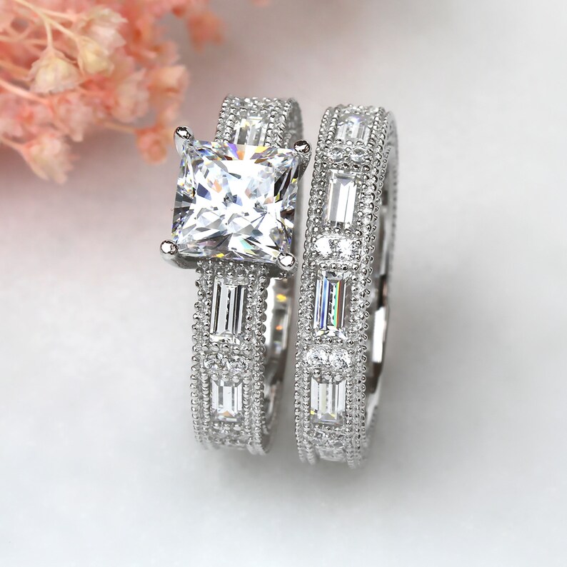 Princess 1.5 CT Engagement Ring Set Platinum Plated Sterling - Etsy