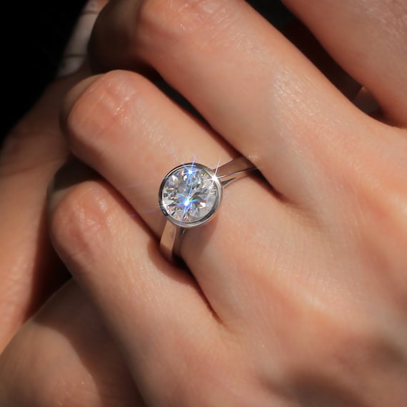 Brilliant Solitaire Bezel Ring Platinum Plated Sterling Silver Wedding Ring for Women One or Two Carat Moissanite Diamond Engagement Ring Etsy UK