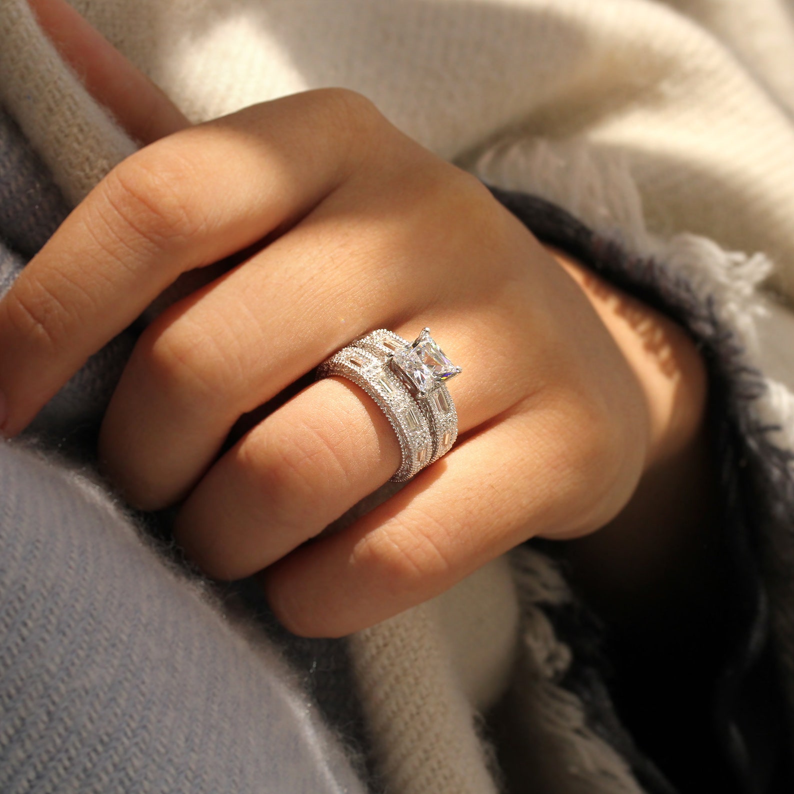 Princess 1.5 CT Engagement Ring Set Platinum Plated Sterling - Etsy