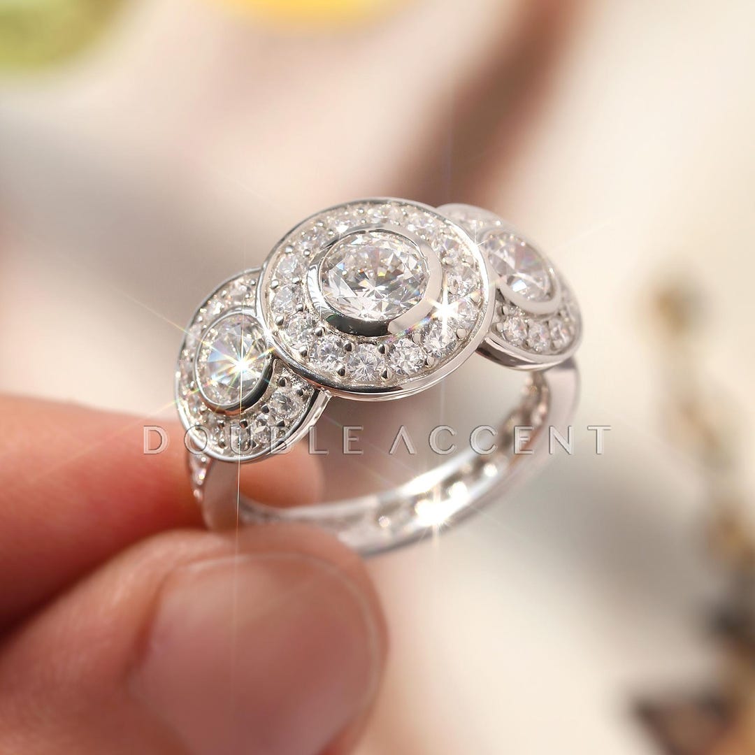 Art Deco Engagement Ring: Sterling Silver, 1.5 CTW CZ Three Stone Halo ...