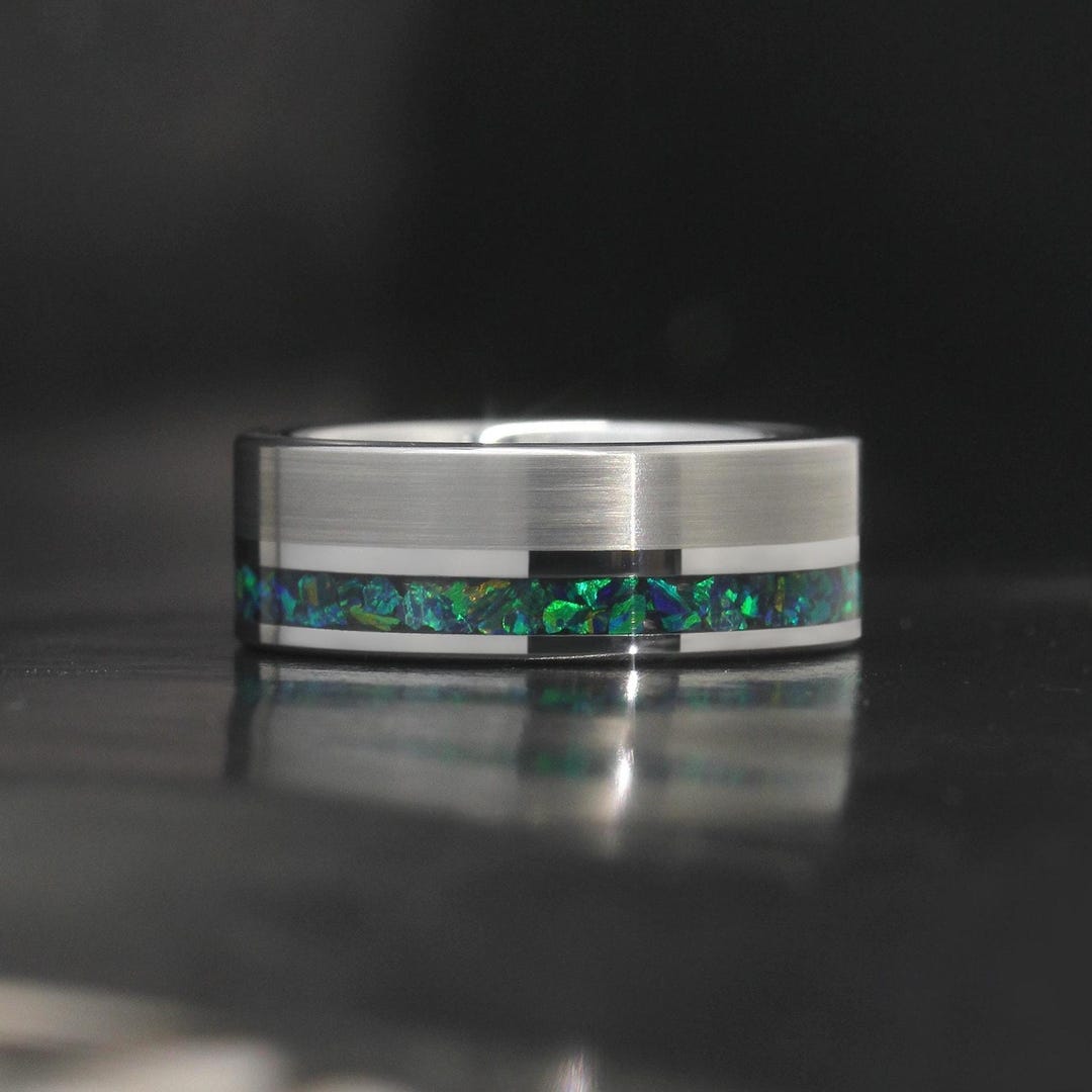 Edge Emerald Green Fire Opal Inlay Tungsten Wedding Band: His & Hers ...