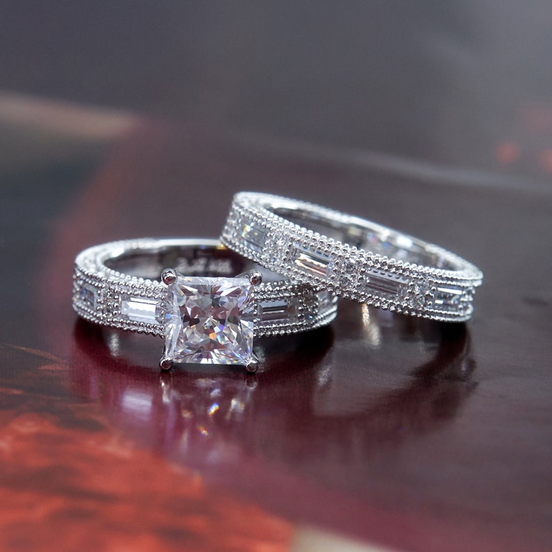 Princess 1.5 CT Engagement Ring Set Platinum Plated Sterling - Etsy