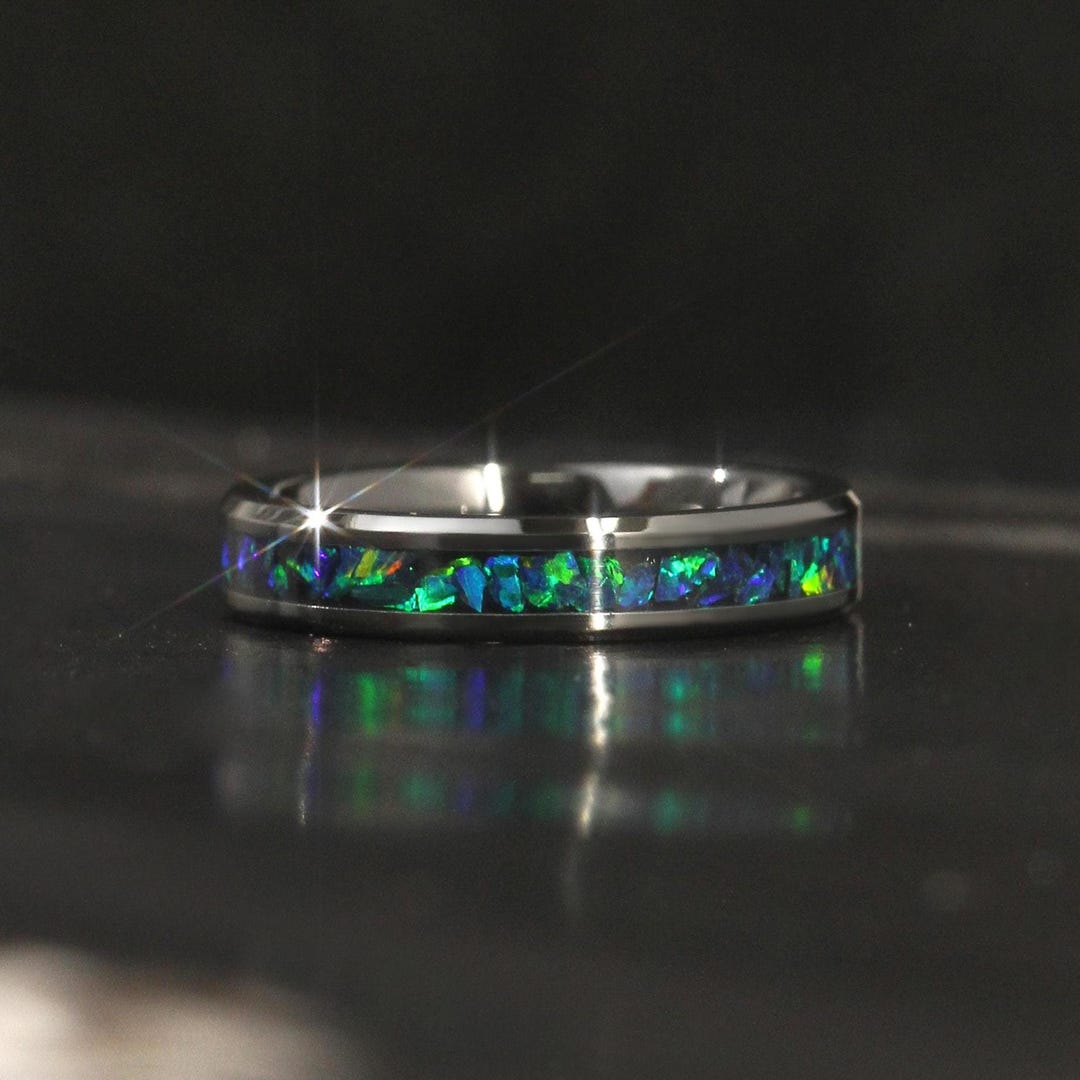 Emerald Green Fire Opal Inlay Wedding Band: Black Ceramic, Personalized ...