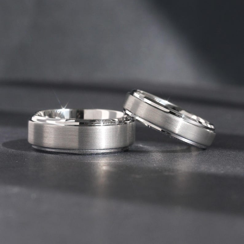 Matching Couples Rings, White Tungsten Wedding Band, Custom Engraved ...