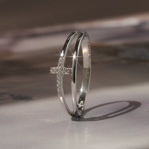 Customizable Women Solid 14K White Gold CZ Pave Double Band Sideway Cross Ring / Free Gift ...