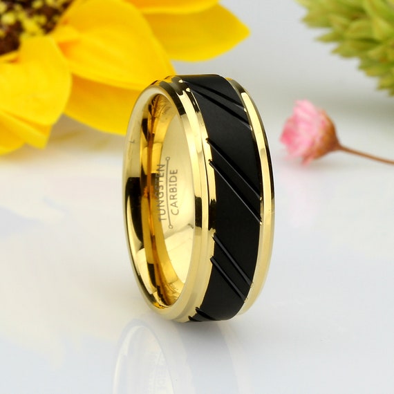 Manner Frauen Wolfram Band 8MM GelbGold und Schwarz IP Ring Diagonal gerillter Center Tungsten Ring Personalisierter Ring Etsy