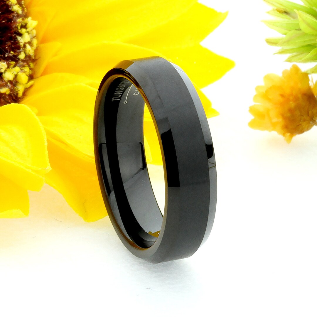 Flat Brushed Black Tungsten Ring: 6MM High Polished Beveled Edge ...