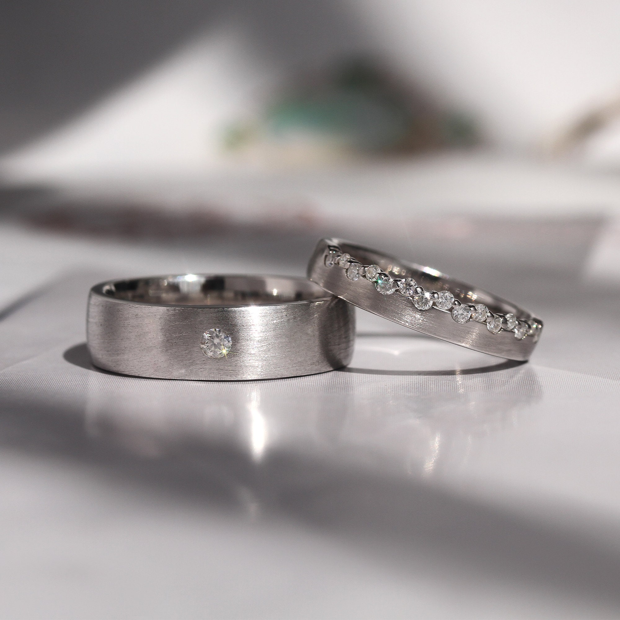Moissanite Diamond Wedding Band Platinum Plated Sterling Silver Couples Ring His Hers Ring Set Brushed Finish Forever Bond Floral Band