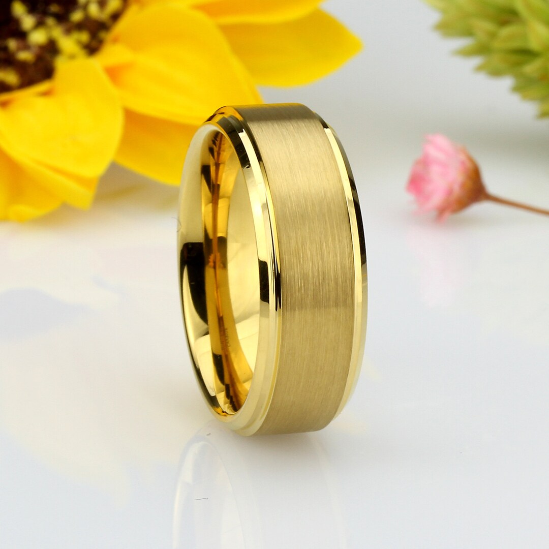 Men Women Tungsten Wedding Band, 8MM Yellow Gold IP Plated Flat Brushed ...