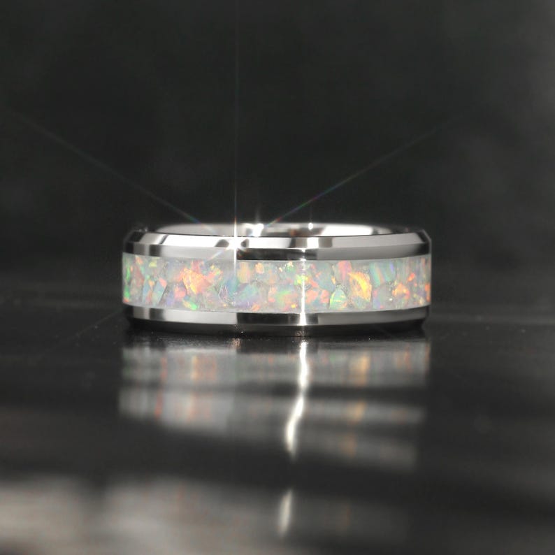 White Fire Opal Inlay Tungsten Wedding Band: Comfort Fit Personalized ...