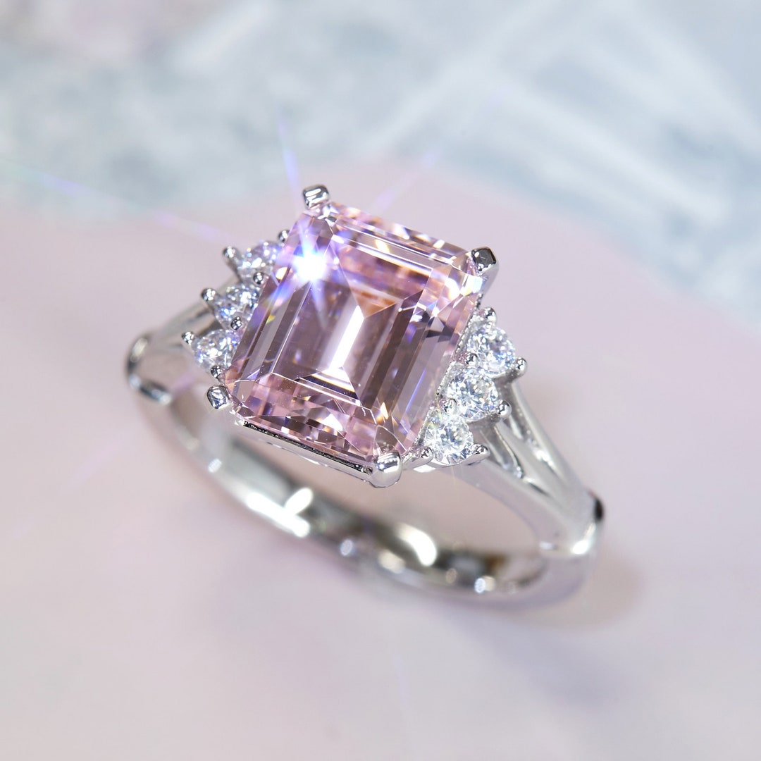 Emerald Cut 3.7 CT Pink Ring, Platinum Plated Sterling Silver ...