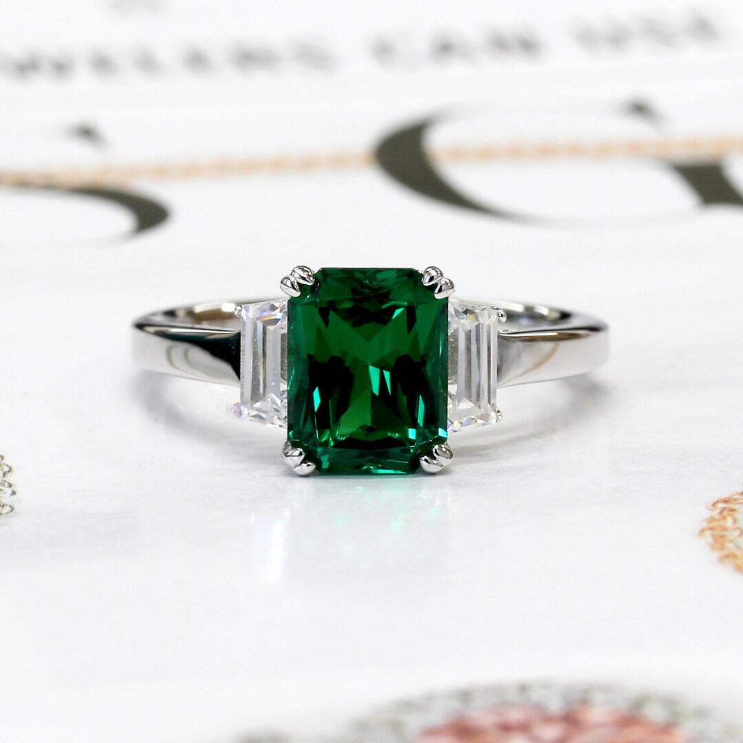 Simulated Emerald Ring, Sterling Silver Wedding Ring, 2.5 Carat Radiant ...