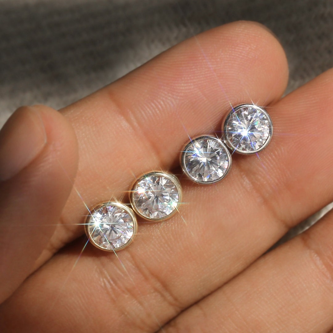 Martini Bezel Stud Earrings, Solid 14K Gold, White Gold Stud Earrings for Men Women, 6mm, 7mm ...