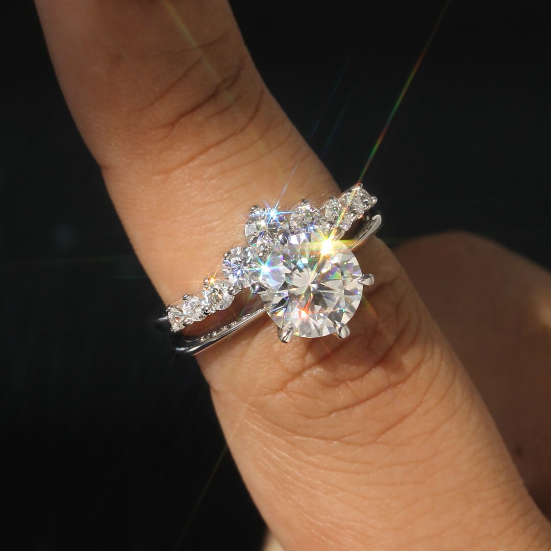 Moissanite Bridal Ring Set Platinum Plated Sterling Silver Wedding