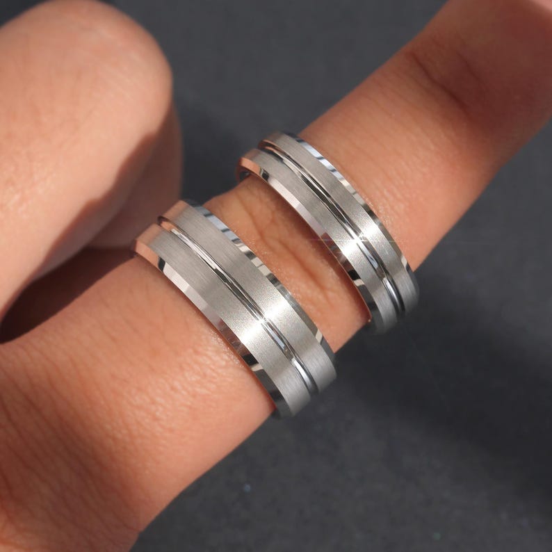 Matching Couples Rings, White Tungsten Wedding Band, Custom Engraved ...