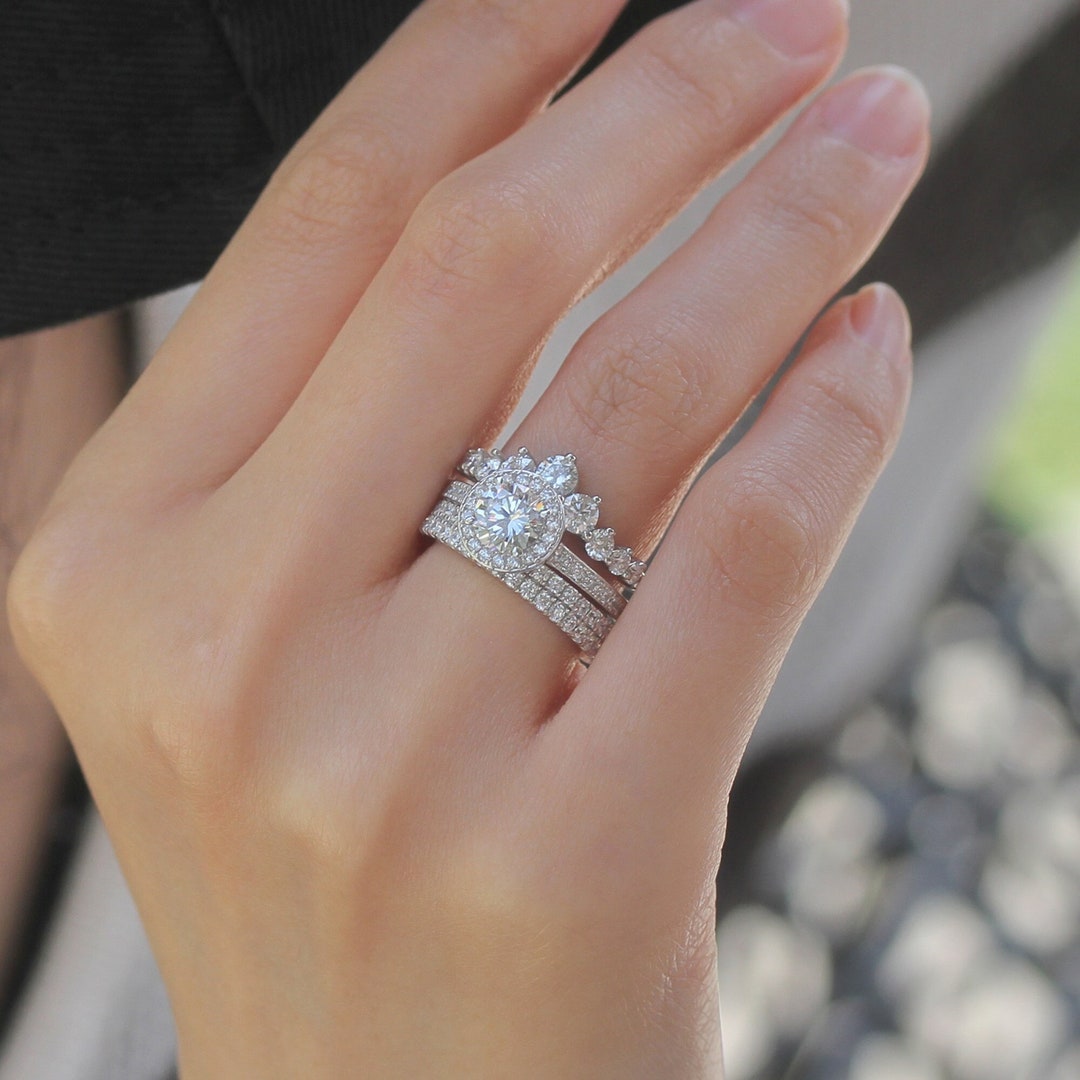 Brilliant 1 CT Halo Bridal Ring Set, Sterling Silver Wedding Ring ...