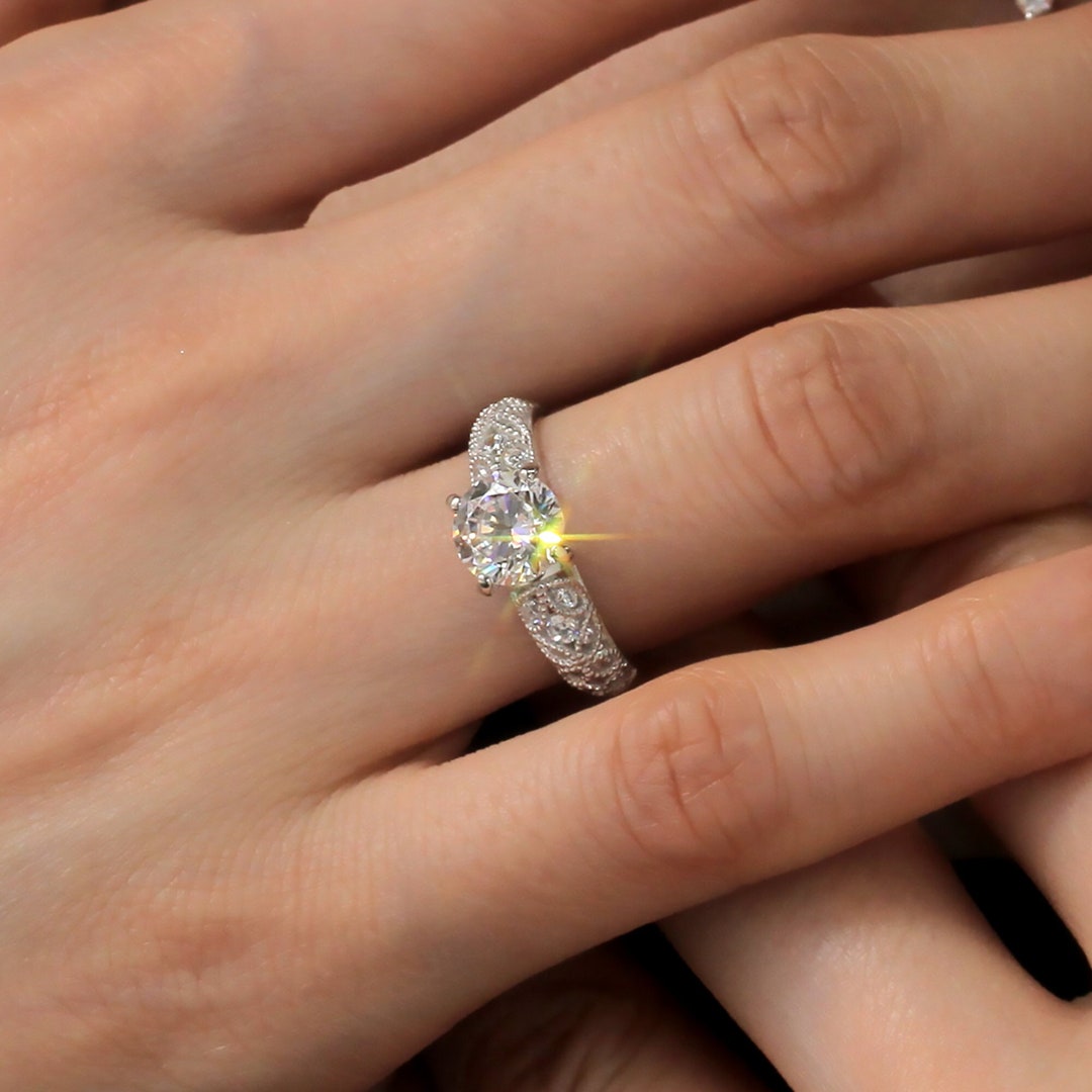 1.5 CT Vintage Engagement Ring, Platinum Plated Sterling Silver Wedding ...