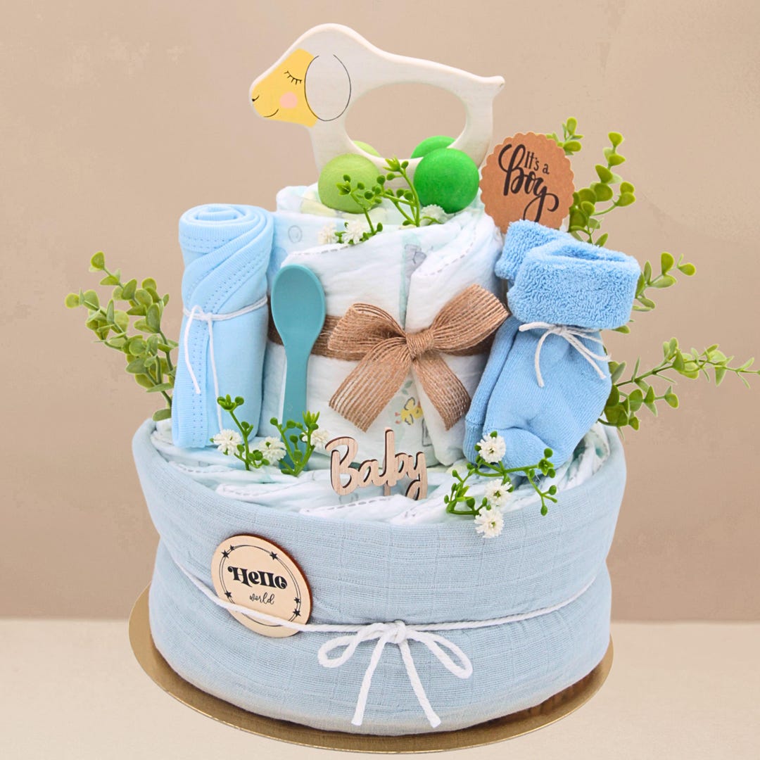 Sheep Diaper Cake | Rattle on Wheels | Baby Socks, Muslin Cloth, Bib ...