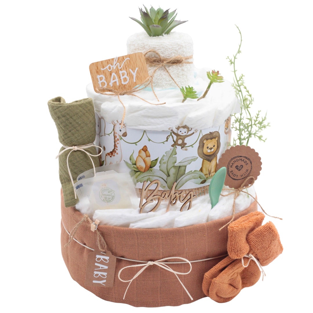 Windeltorte Safari Neutral mit MusselintuchMusselin Baby - Etsy.de