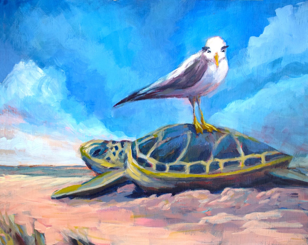 Original Painting Turtle and Gull Beach Artwork - Etsy