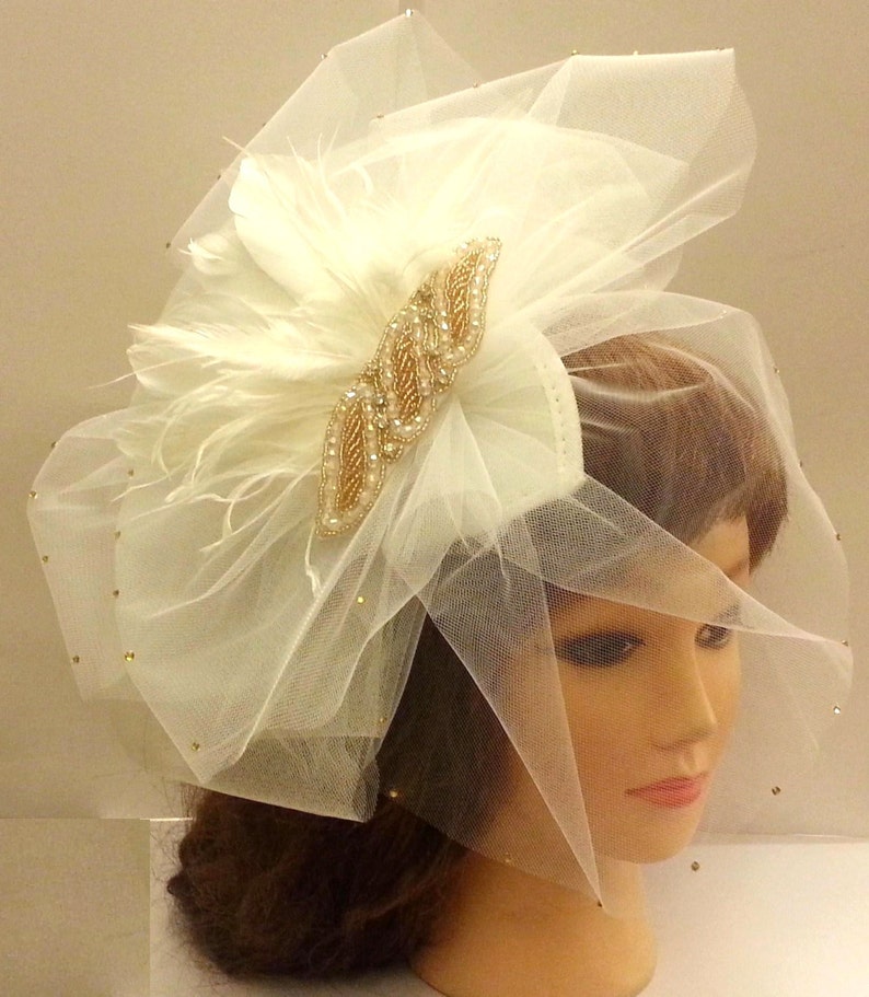 POUF Fluffy White ,ivory Blusher Veil Vintage Inspired Gold Crystal ...