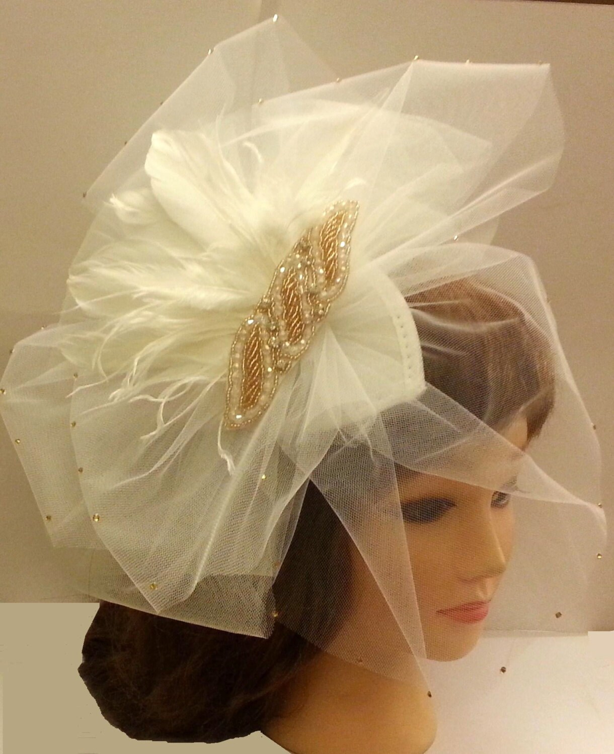 POUF Fluffy White ,ivory Blusher Veil Vintage Inspired Gold Crystal ...