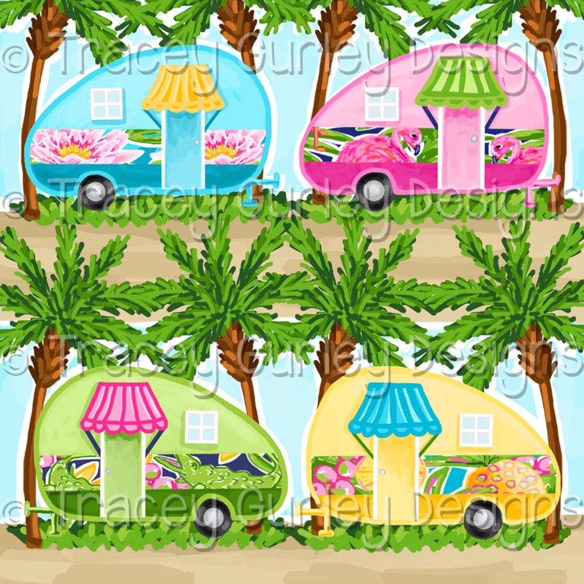 Glamping Vintage Camper Preppy Digital Paper Beach Digital Etsy