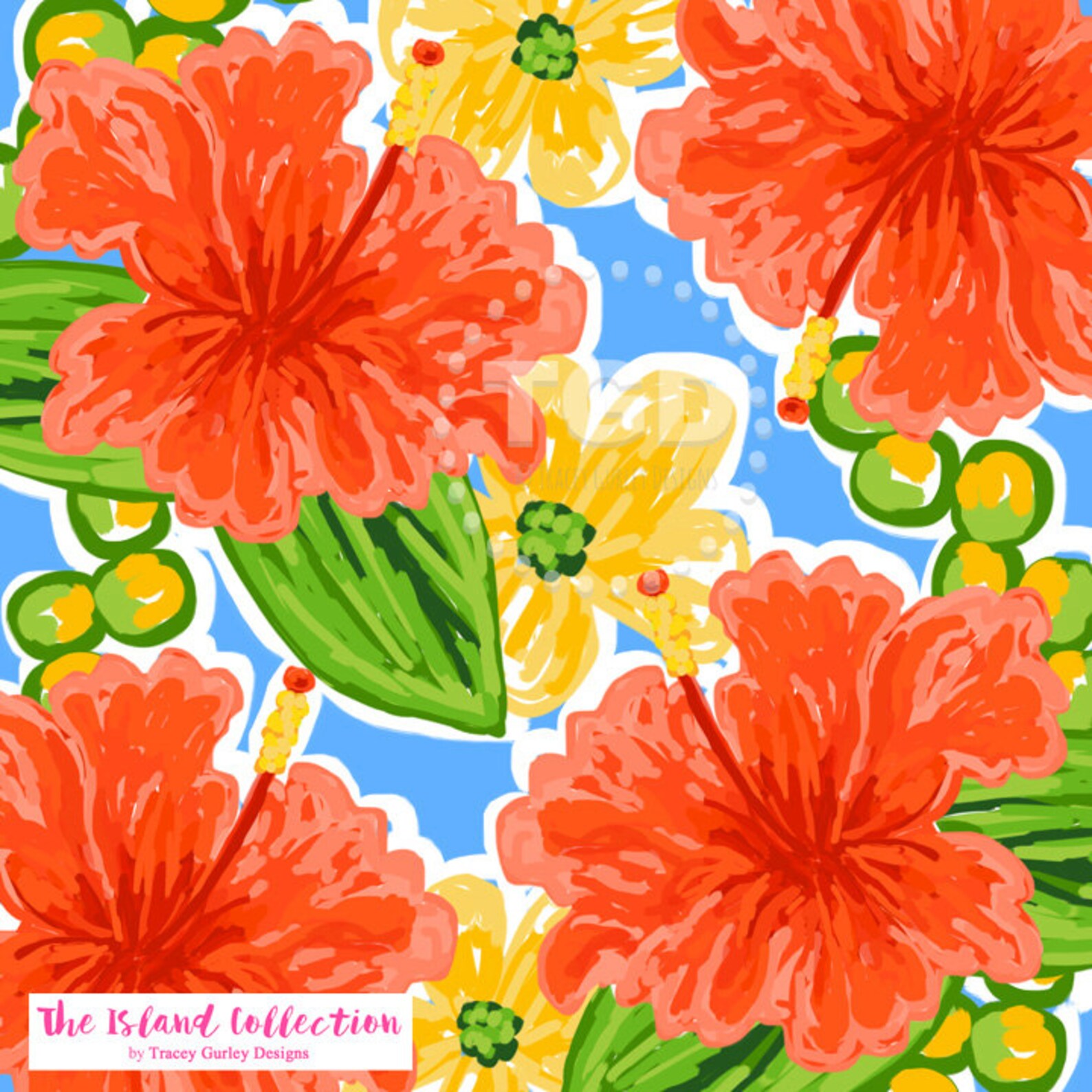 Preppy Coral Hibiscus digital paper hibiscus flower preppy | Etsy