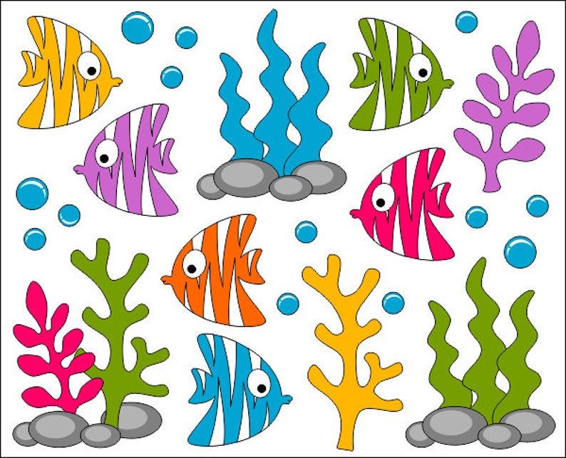 Under the Sea Clip Art, Ocean Digital Clipart, Bright Cute Fishes, Sea ...