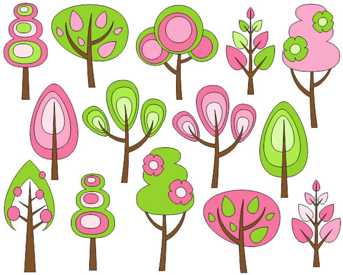 Retro Trees Clip Art, Spring Trees Digital Clip Art, Fall Clip Art ...