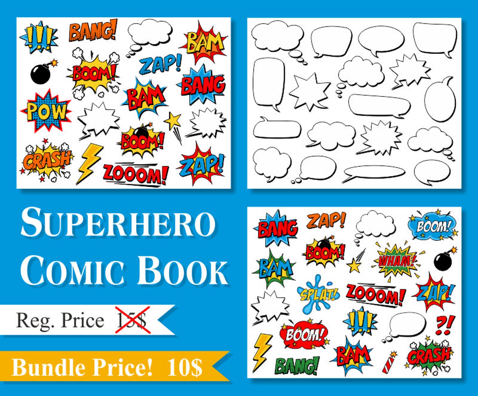 Superhero Comic Book Clip Art Collection, Speech Bubbles, Clipart ...