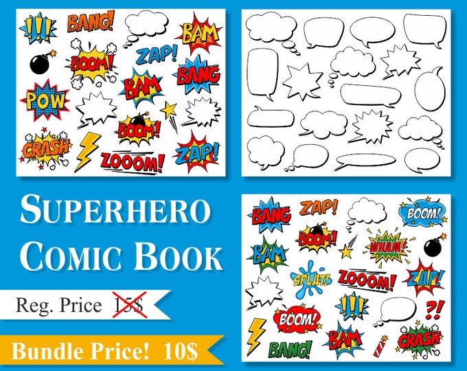 Superhero Comic Book Clip Art Collection, Speech Bubbles, Clipart ...