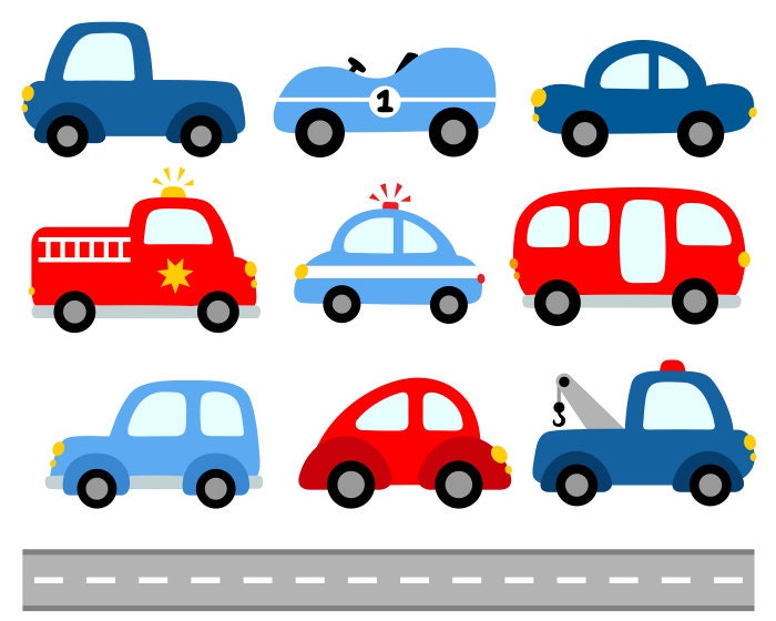 Cute Cars Digital Clip Art, Transportation Clipart, Blue Red Vehicle ...