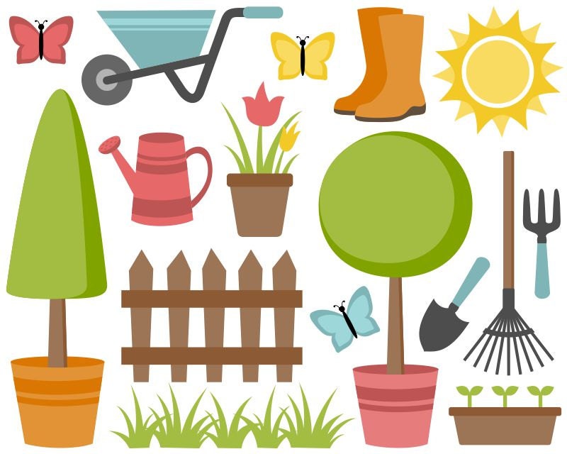 Gardening Clip Art Set, Garden Clipart, Tree, Sun, Butterflies, Grass ...