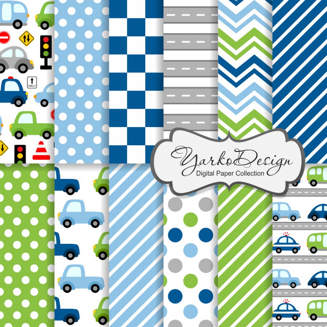 Cars Digital Paper, Blue Green Cars Pattern, Vehicle Digital Background ...