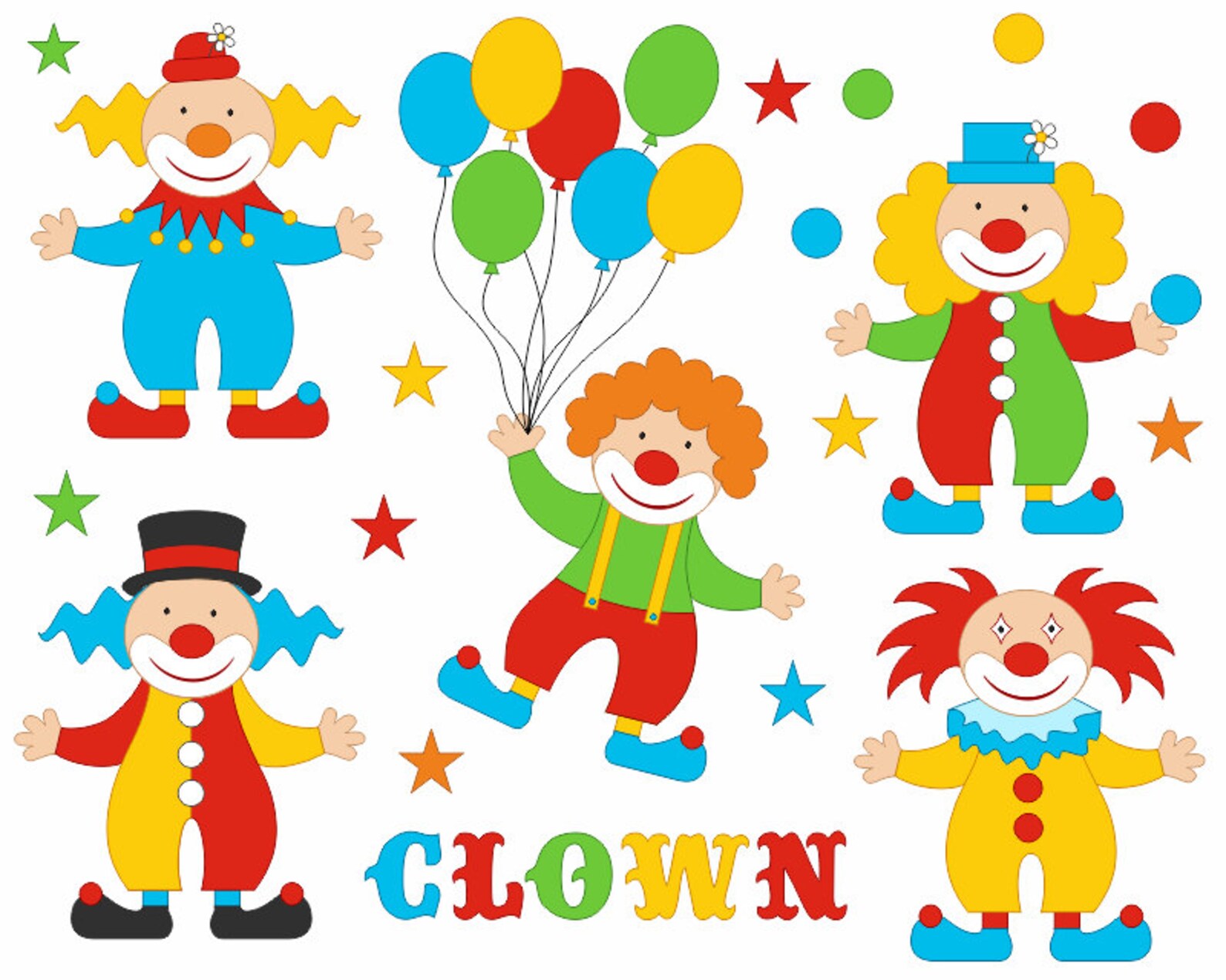 Funny Bright Clowns Clip Art Set, Cirsuc Clipart, Balloons Digital Clip ...