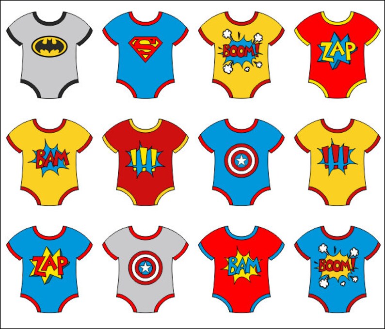 Baby Superhero Onesies Clip Art, Superhero Boom Zap Bam Digital Clipart ...