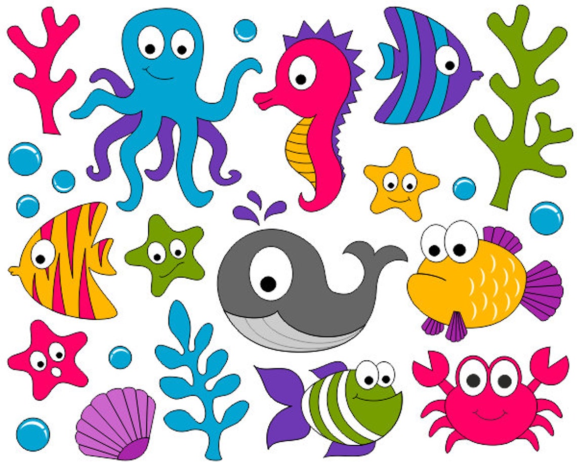 Under the Sea Clip Art Ocean Digital Clipart Fishes, Whale, Crab ...